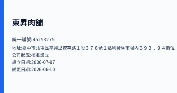 東昇肉舖的照片-統編 45253275(臺中市) 公司登記資料與營業項目詳細圖表