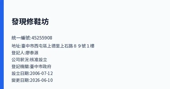 發現修鞋坊的照片-統編 45255908(臺中市) 公司登記資料與營業項目詳細圖表