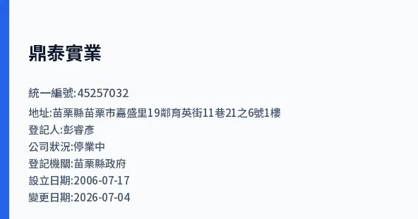 鼎泰實業的照片-統編 45257032(苗栗縣) 公司登記資料與營業項目詳細圖表