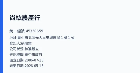 尚紘農產行的照片-統編 45258659(臺中市) 公司登記資料與營業項目詳細圖表