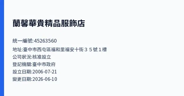 蘭馨華貴精品服飾店的照片-統編 45263560(臺中市) 公司登記資料與營業項目詳細圖表