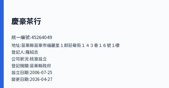 慶豪茶行的照片-統編 45264049(苗栗縣) 公司登記資料與營業項目詳細圖表