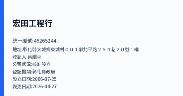 宏田工程行的照片-統編 45265244(彰化縣) 公司登記資料與營業項目詳細圖表