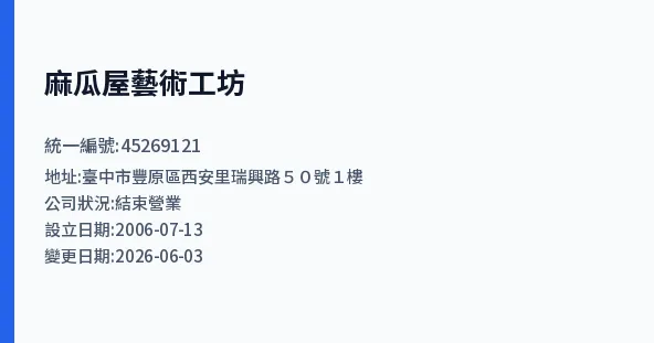 麻瓜屋藝術工坊的照片-統編 45269121(臺中市) 公司登記資料與營業項目詳細圖表