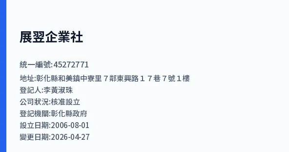 展翌企業社的照片-統編 45272771(彰化縣) 公司登記資料與營業項目詳細圖表