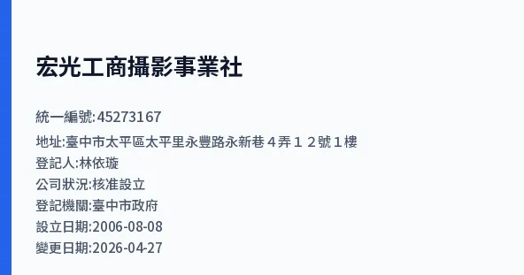 宏光工商攝影事業社的照片-統編 45273167(臺中市) 公司登記資料與營業項目詳細圖表