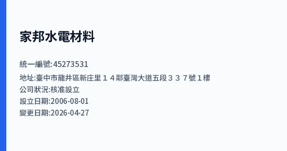 家邦水電材料的照片-統編 45273531(臺中市) 公司登記資料與營業項目詳細圖表