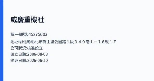 威慶重機社的照片-統編 45275003(彰化縣) 公司登記資料與營業項目詳細圖表