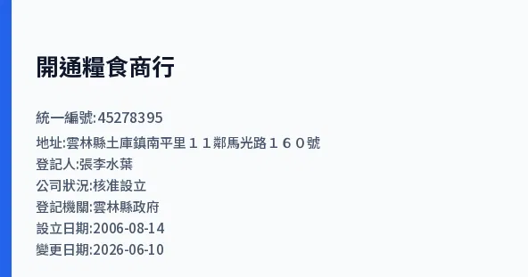 開通糧食商行的照片-統編 45278395(雲林縣) 公司登記資料與營業項目詳細圖表