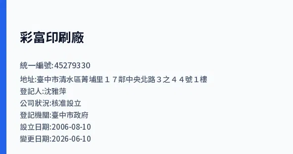 彩富印刷廠的照片-統編 45279330(臺中市) 公司登記資料與營業項目詳細圖表