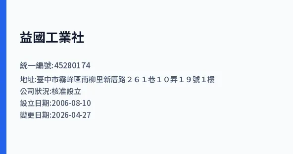 益國工業社的照片-統編 45280174(臺中市) 公司登記資料與營業項目詳細圖表