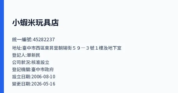小蝦米玩具店的照片-統編 45282237(臺中市) 公司登記資料與營業項目詳細圖表