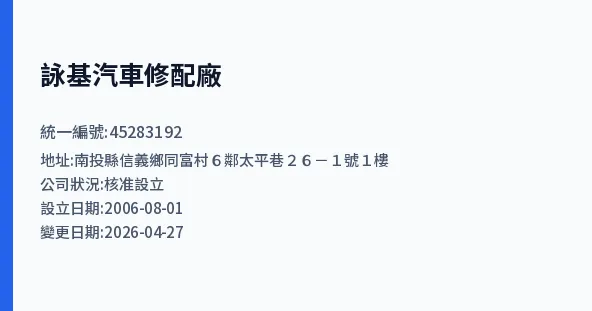 詠基汽車修配廠的照片-統編 45283192(南投縣) 公司登記資料與營業項目詳細圖表