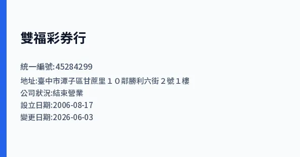 雙福彩券行的照片-統編 45284299(臺中市) 公司登記資料與營業項目詳細圖表