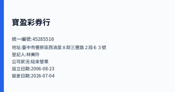 寶盈彩券行的照片-統編 45285516(臺中市) 公司登記資料與營業項目詳細圖表