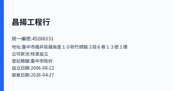 昌揚工程行的照片-統編 45286331(臺中市) 公司登記資料與營業項目詳細圖表