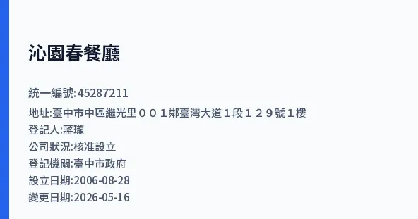 沁園春餐廳的照片-統編 45287211(臺中市) 公司登記資料與營業項目詳細圖表