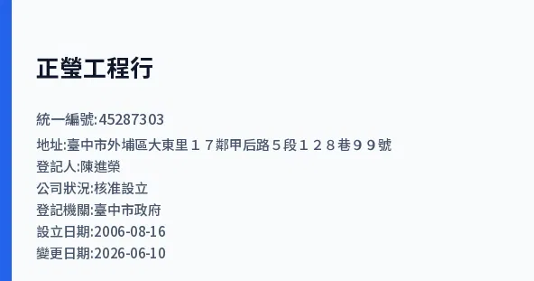 正瑩工程行的照片-統編 45287303(臺中市) 公司登記資料與營業項目詳細圖表