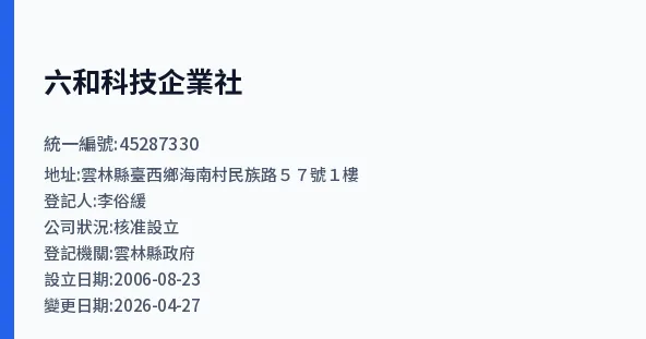 六和科技企業社的照片-統編 45287330(雲林縣) 公司登記資料與營業項目詳細圖表