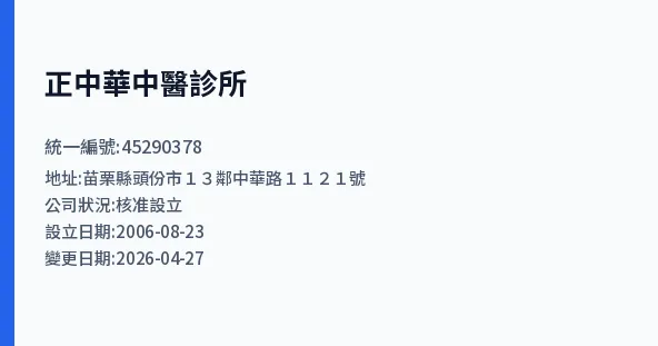 正中華中醫診所的照片-統編 45290378(苗栗縣) 公司登記資料與營業項目詳細圖表