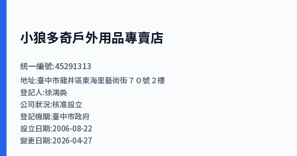 小狼多奇戶外用品專賣店的照片-統編 45291313(臺中市) 公司登記資料與營業項目詳細圖表