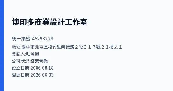 博印多商業設計工作室的照片-統編 45293229(臺中市) 公司登記資料與營業項目詳細圖表