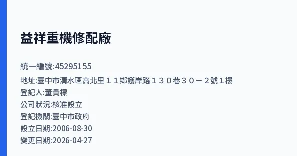 益祥重機修配廠的照片-統編 45295155(臺中市) 公司登記資料與營業項目詳細圖表