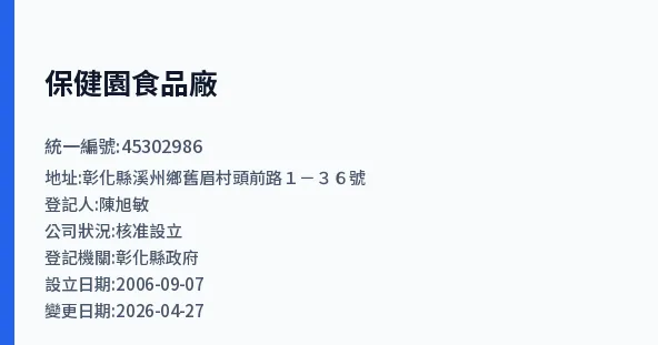 保健園食品廠的照片-統編 45302986(彰化縣) 公司登記資料與營業項目詳細圖表
