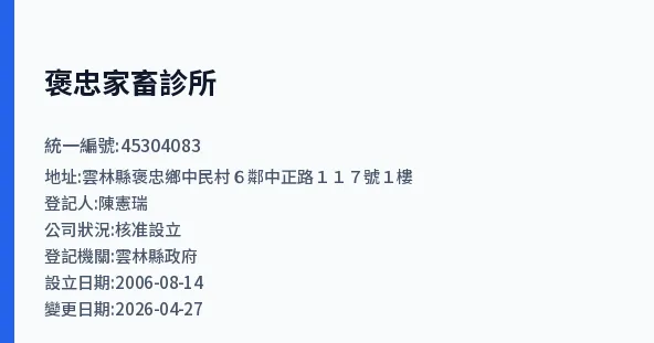 褒忠家畜診所的照片-統編 45304083(雲林縣) 公司登記資料與營業項目詳細圖表