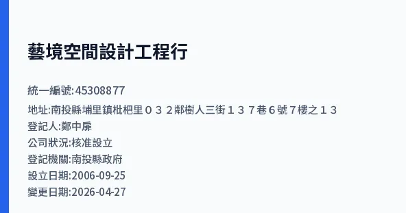 藝境空間設計工程行的照片-統編 45308877(南投縣) 公司登記資料與營業項目詳細圖表