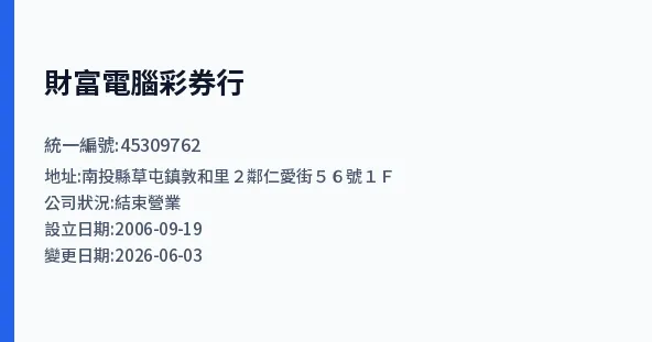 財富電腦彩券行的照片-統編 45309762(南投縣) 公司登記資料與營業項目詳細圖表