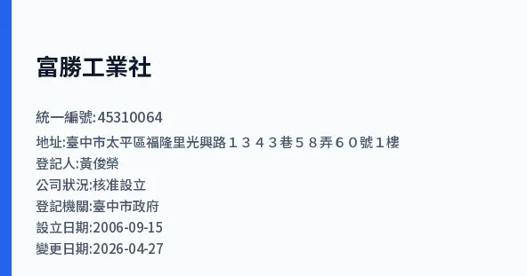 富勝工業社的照片-統編 45310064(臺中市) 公司登記資料與營業項目詳細圖表