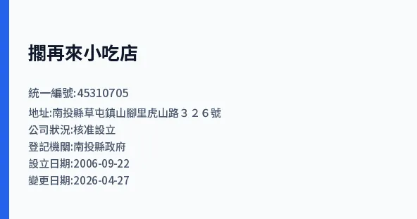 擱再來小吃店的照片-統編 45310705(南投縣) 公司登記資料與營業項目詳細圖表