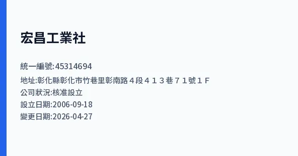 宏昌工業社的照片-統編 45314694(彰化縣) 公司登記資料與營業項目詳細圖表