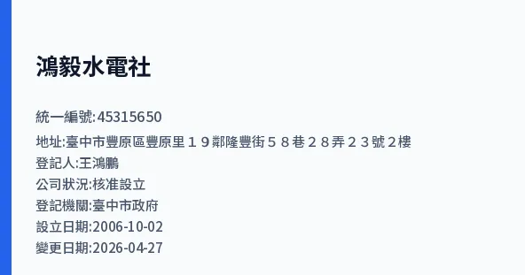 鴻毅水電社的照片-統編 45315650(臺中市) 公司登記資料與營業項目詳細圖表