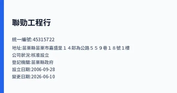 聯勁工程行的照片-統編 45315722(苗栗縣) 公司登記資料與營業項目詳細圖表
