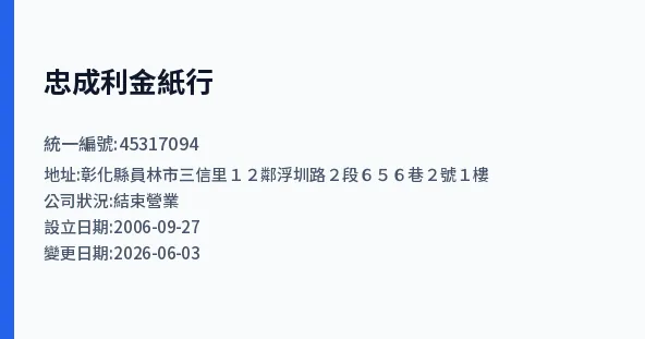 忠成利金紙行的照片-統編 45317094(彰化縣) 公司登記資料與營業項目詳細圖表