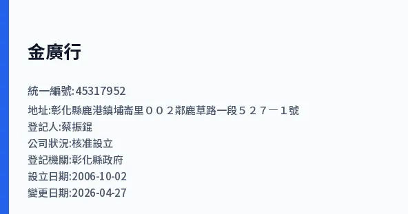 金廣行的照片-統編 45317952(彰化縣) 公司登記資料與營業項目詳細圖表