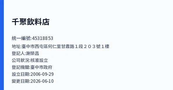 千聚飲料店的照片-統編 45318853(臺中市) 公司登記資料與營業項目詳細圖表