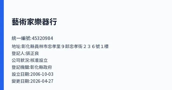 藝術家樂器行的照片-統編 45320984(彰化縣) 公司登記資料與營業項目詳細圖表