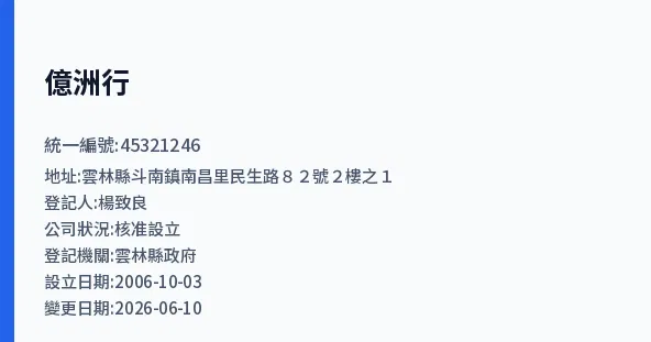 億洲行的照片-統編 45321246(雲林縣) 公司登記資料與營業項目詳細圖表