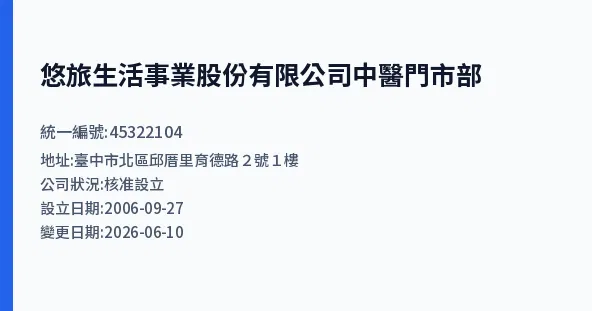 悠旅生活事業股份有限公司中醫門市部的照片-統編 45322104(臺中市) 公司登記資料與營業項目詳細圖表