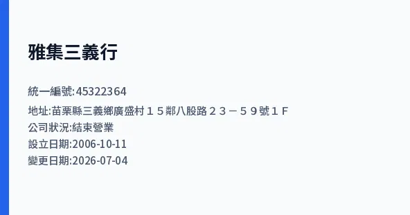 雅集三義行的照片-統編 45322364(苗栗縣) 公司登記資料與營業項目詳細圖表