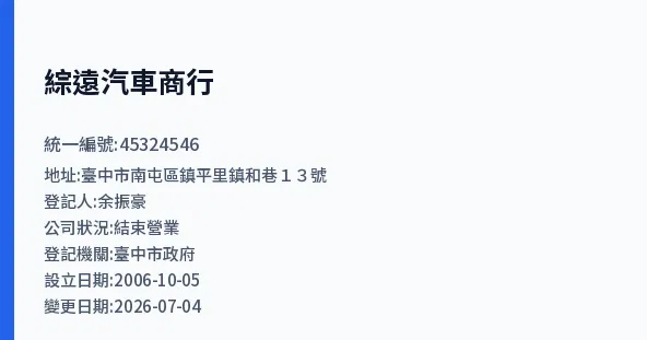 綜遠汽車商行的照片-統編 45324546(臺中市) 公司登記資料與營業項目詳細圖表