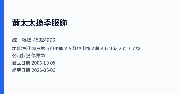 蕭太太換季服飾的照片-統編 45324996(彰化縣) 公司登記資料與營業項目詳細圖表
