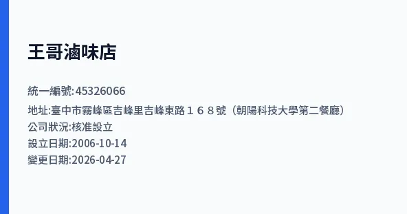王哥滷味店的照片-統編 45326066(臺中市) 公司登記資料與營業項目詳細圖表