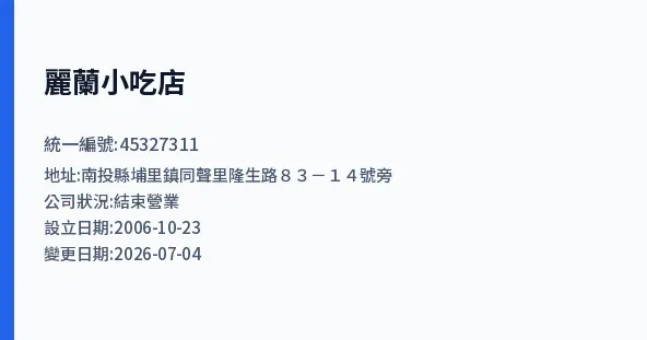 麗蘭小吃店的照片-統編 45327311(南投縣) 公司登記資料與營業項目詳細圖表