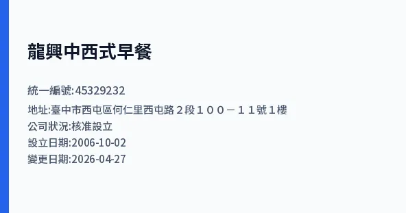 龍興中西式早餐的照片-統編 45329232(臺中市) 公司登記資料與營業項目詳細圖表