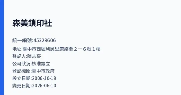 森美鎖印社的照片-統編 45329606(臺中市) 公司登記資料與營業項目詳細圖表