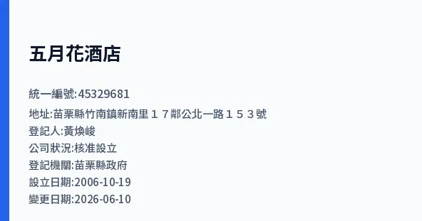 五月花酒店的照片-統編 45329681(苗栗縣) 公司登記資料與營業項目詳細圖表